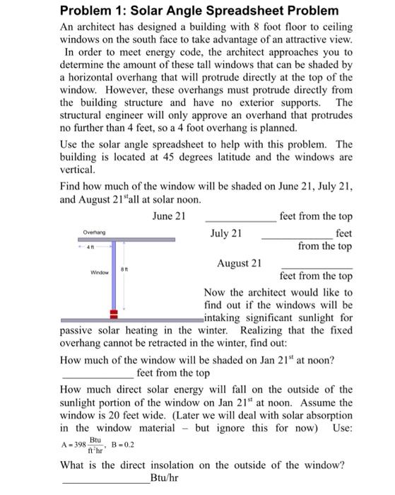Solved Problem 1: Solar Angle Spreadsheet Problem An | Chegg.com