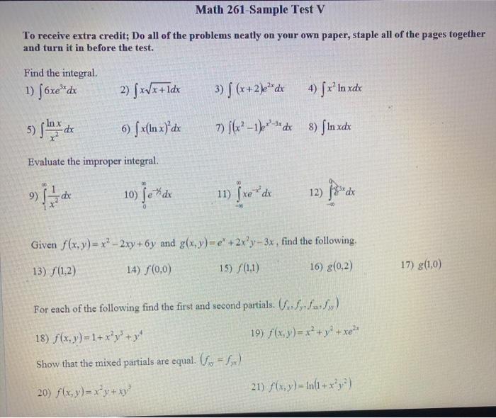 Solved Math 261-Sample Test V To receive extra credit; Do | Chegg.com