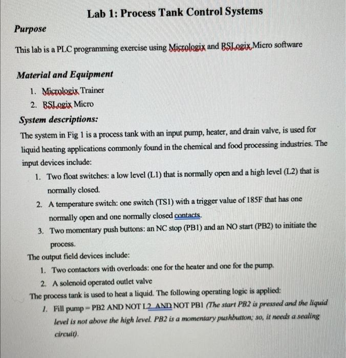 Solved Lab 1: Process Tank Control Systems Purpose This lab | Chegg.com