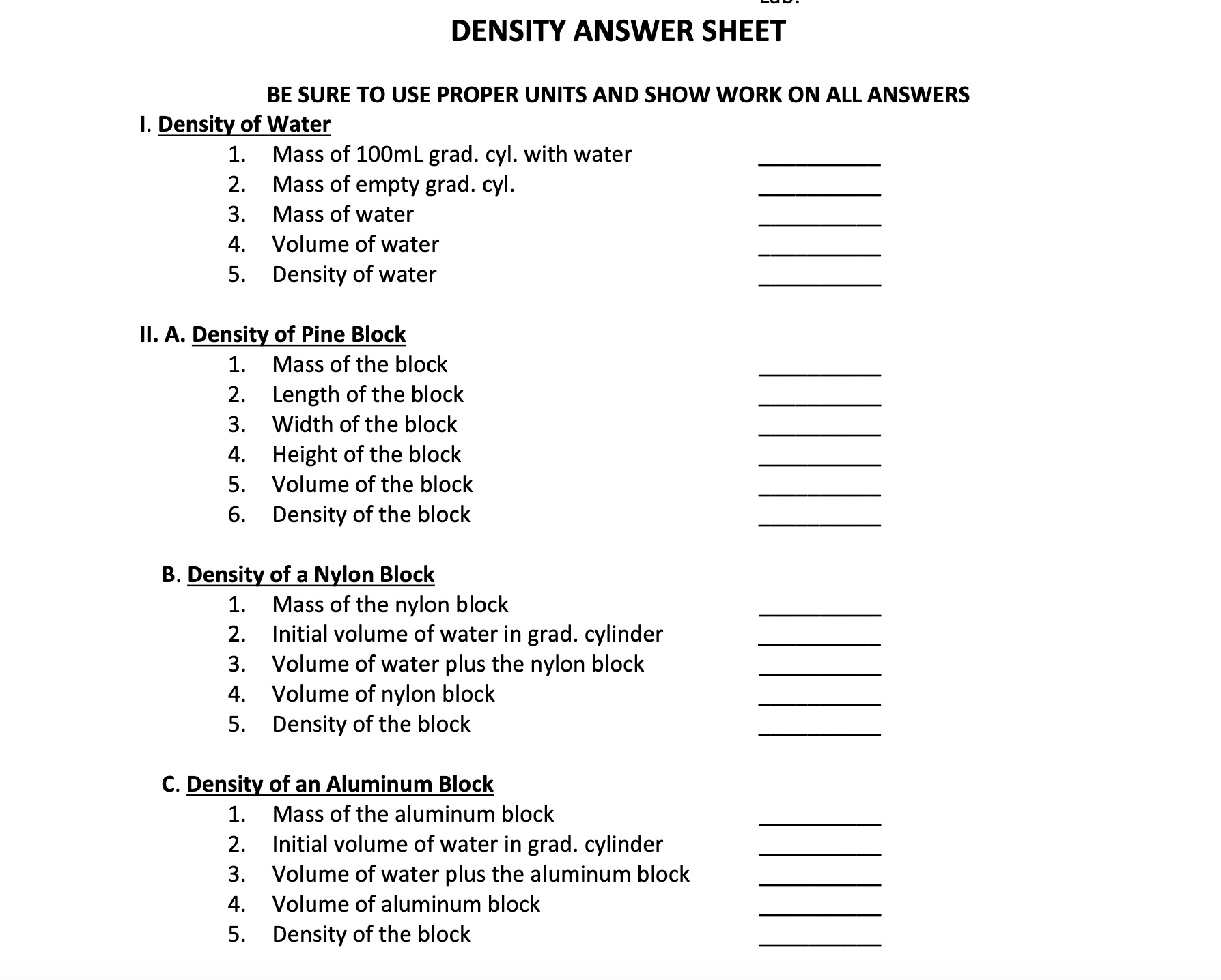 Solved DENSITY ANSWER SHEETBE SURE TO USE PROPER UNITS AND | Chegg.com