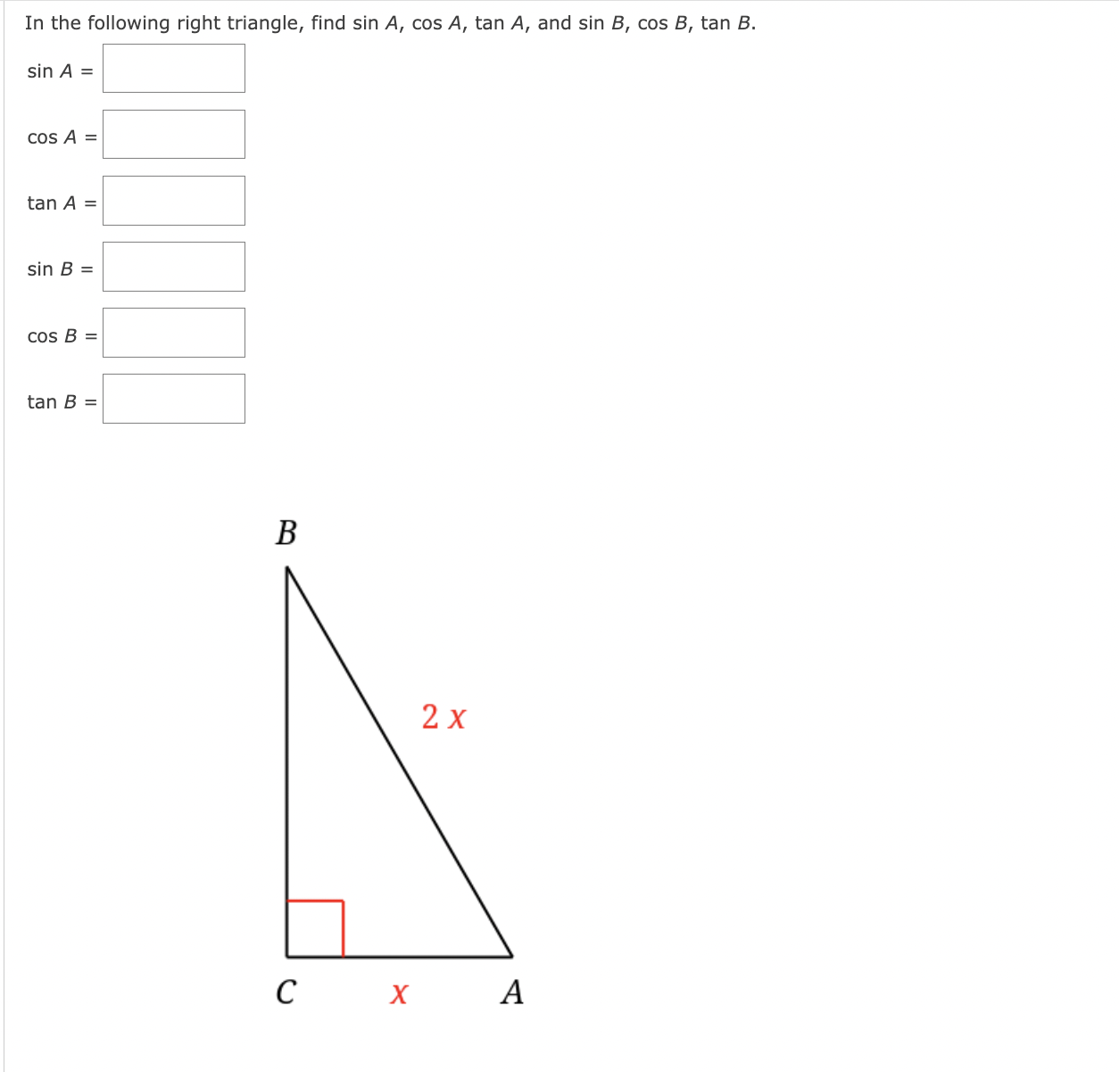 Solved In the following right triangle, find sinA,cosA,tanA, | Chegg.com