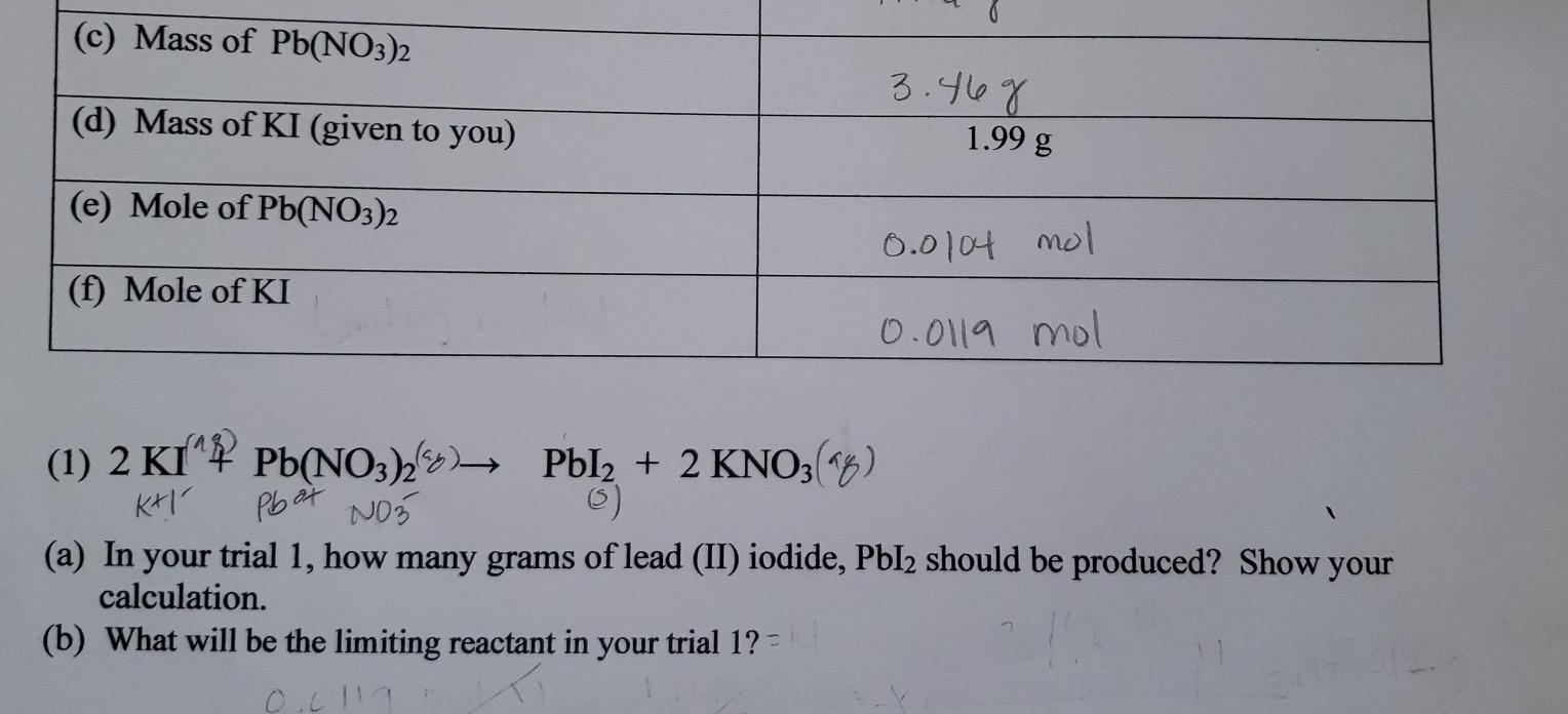 Solved (c) Mass of Pb(NO3)2 (d) Mass of KI (given to you) | Chegg.com