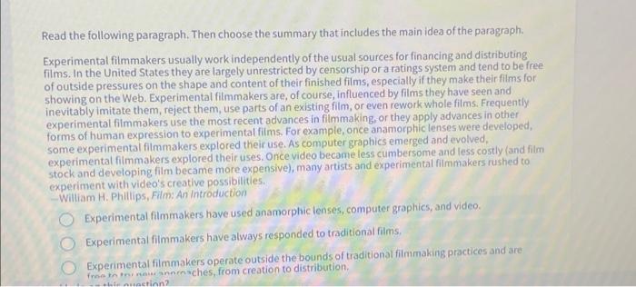 Read the following paragraph. Then choose the summary | Chegg.com