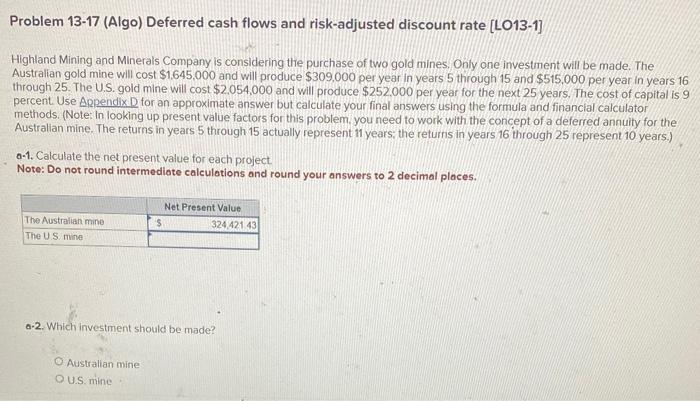 Solved Problem 13-17 (Algo) Deferred cash flows and | Chegg.com