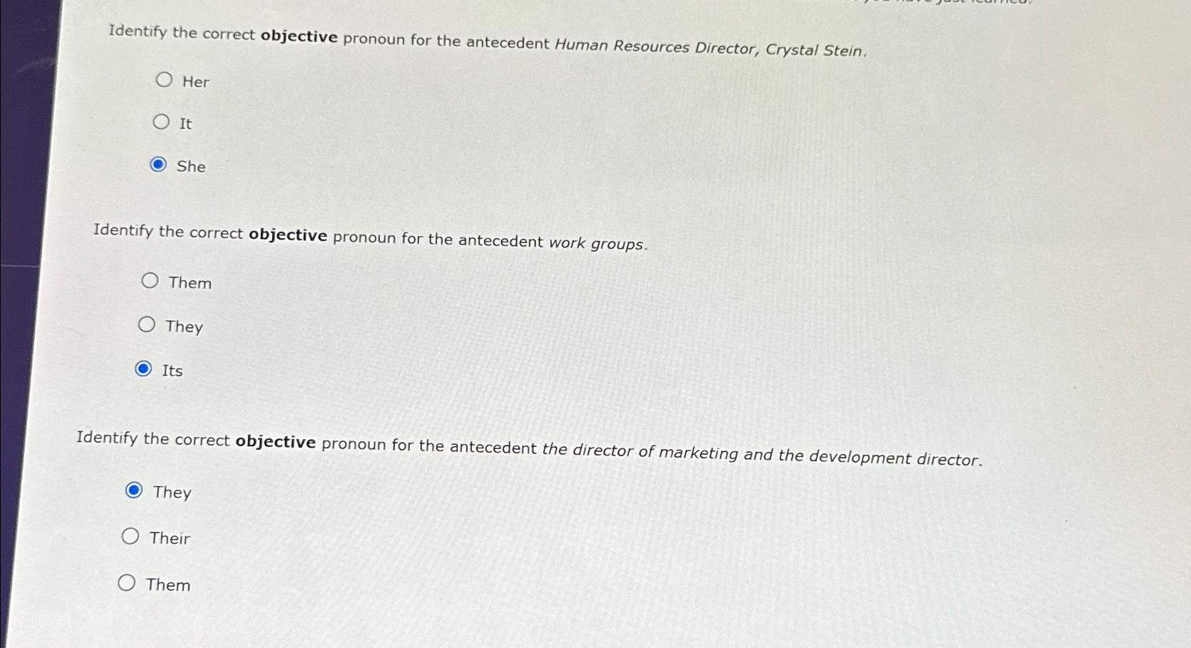 Solved Identify the correct objective pronoun for the | Chegg.com