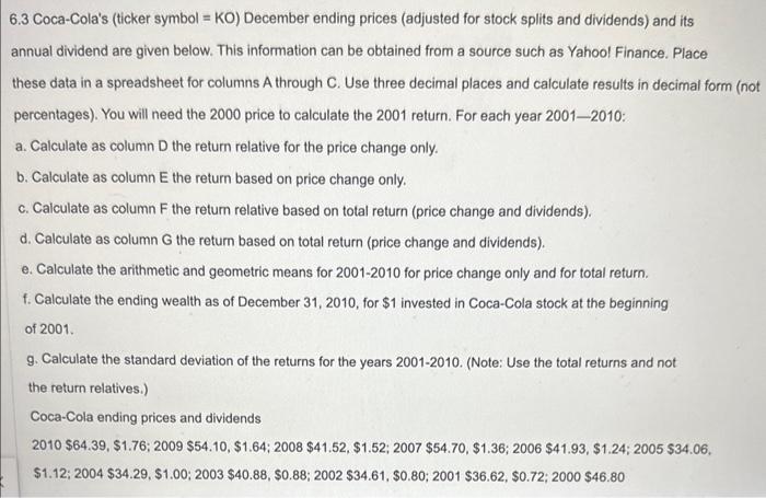 Solved 6.3 Coca-Cola's (ticker symbol =KO ) December ending | Chegg.com