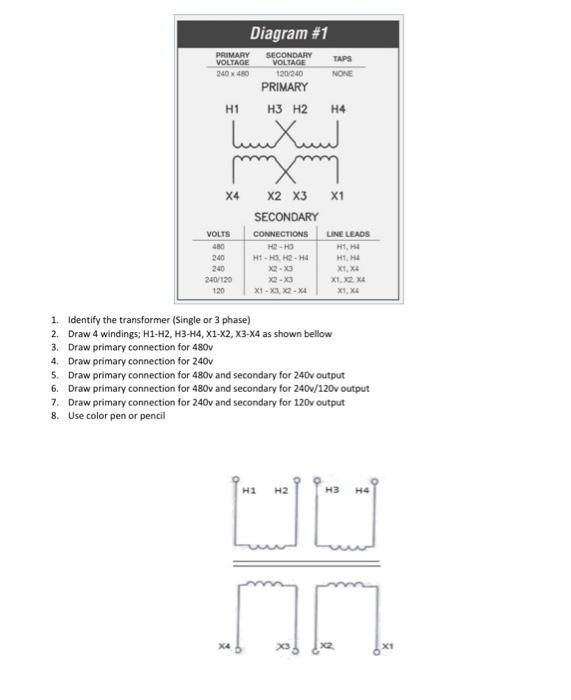 Solved Diagram #1 PRIMARY VOLTAGE 240x480 SECONDARY VOLTAGE | Chegg.com