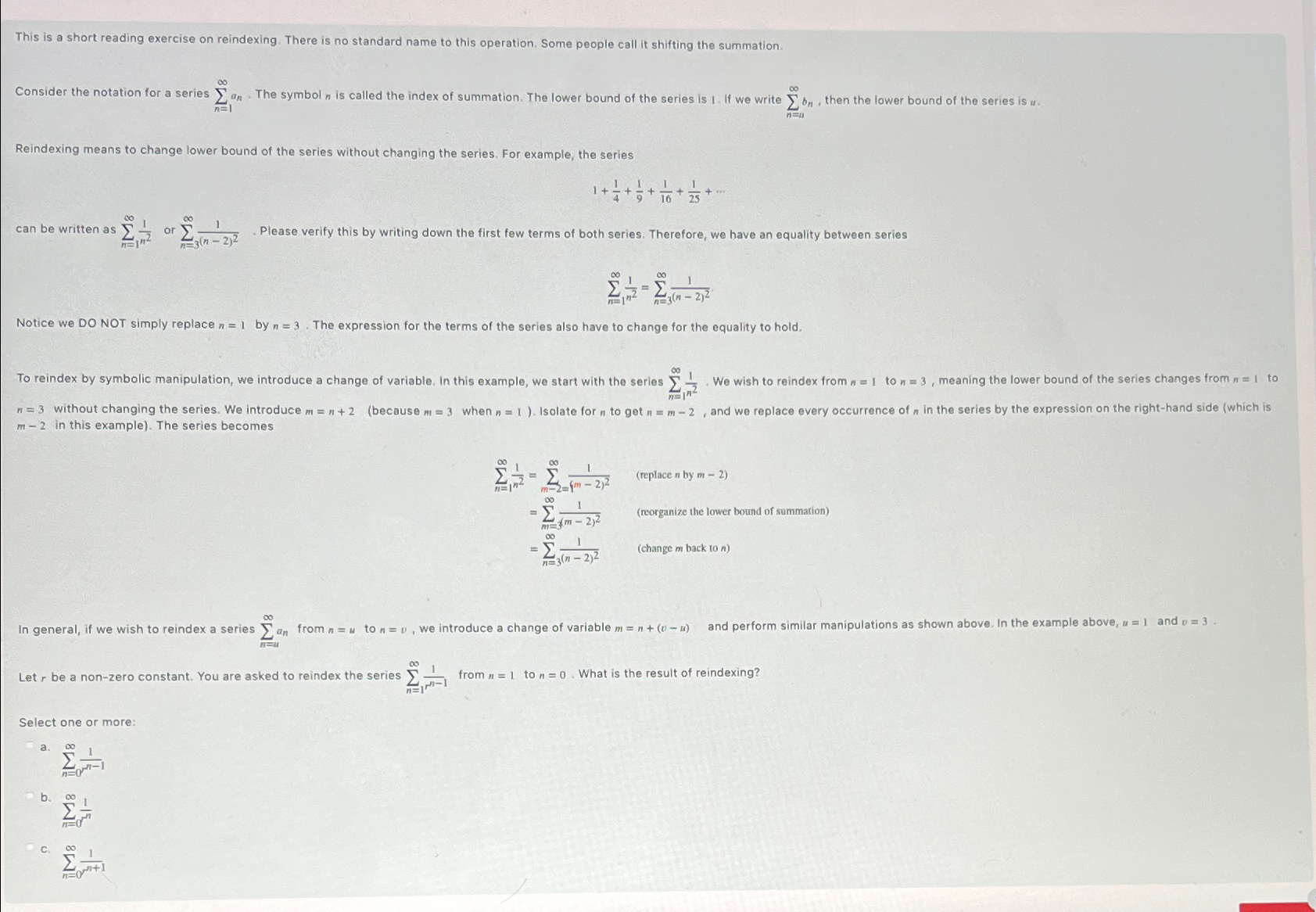Solved This is a short reading exercise on reindexing. There | Chegg.com