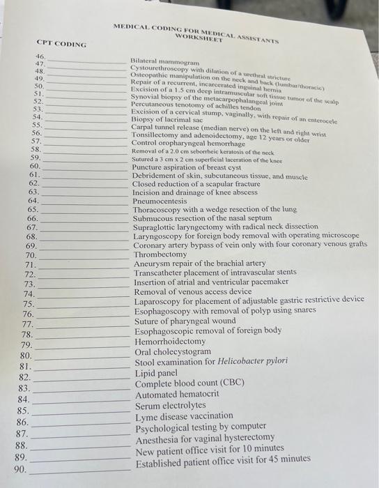 Solved CPT CODING MEDICAL CODING: FOH MEDICAL. ASSISTANTS | Chegg.com