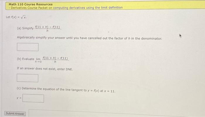 Solved Math 110 Course Resources - Derivatives Course Packet | Chegg.com