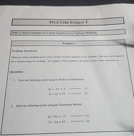 Solved MGF2106 ﻿Project 5Part 1: Solve Systems of Linear | Chegg.com