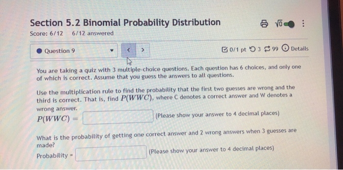 Solved Section 5.2 Binomial Probability Distribution Score: | Chegg.com