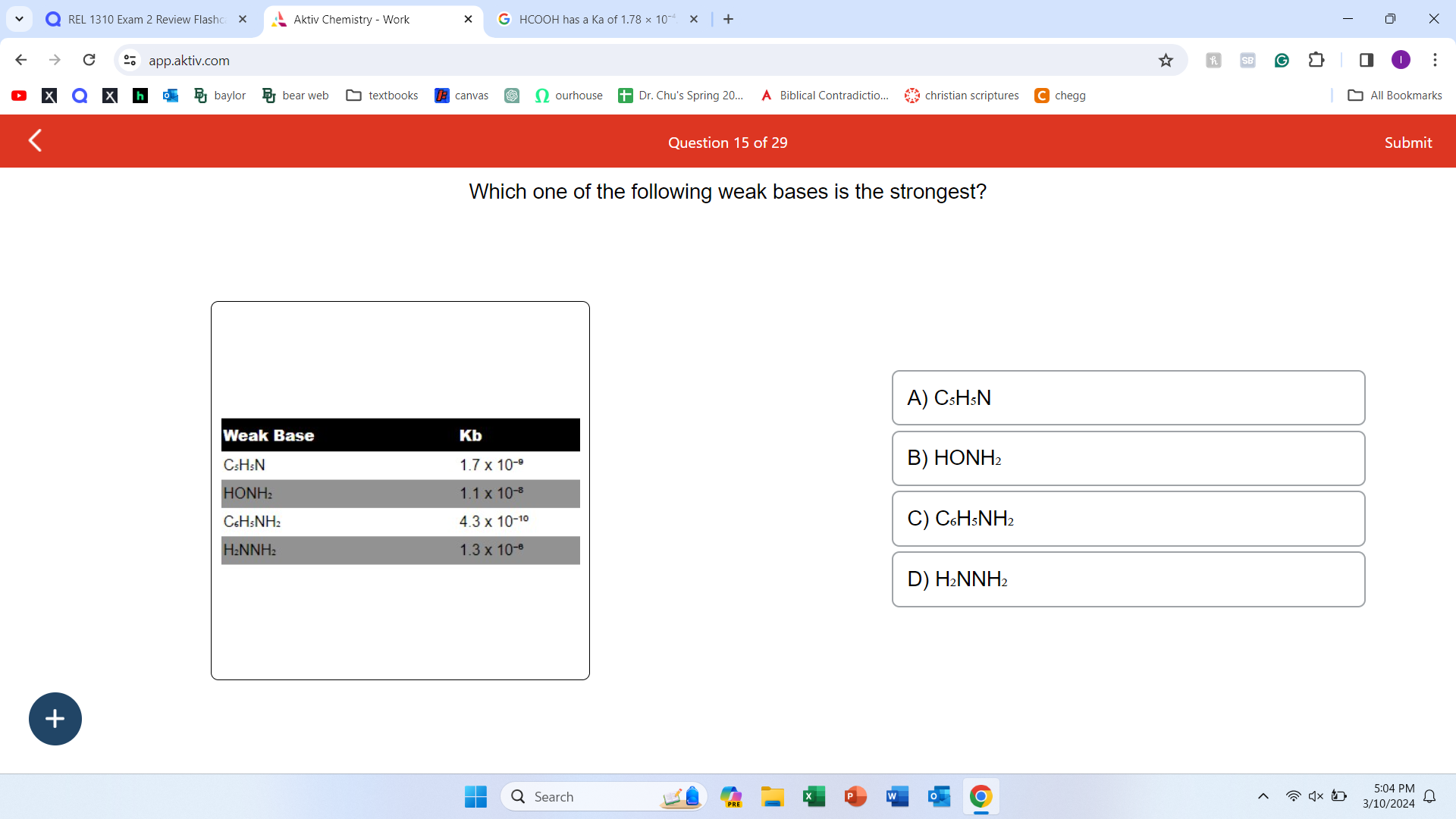 Solved Which one of the following weak bases is the | Chegg.com