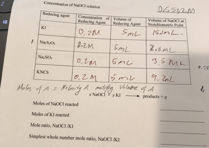 Solved Concentration of NaOCl solution 0,5532m Reducing | Chegg.com