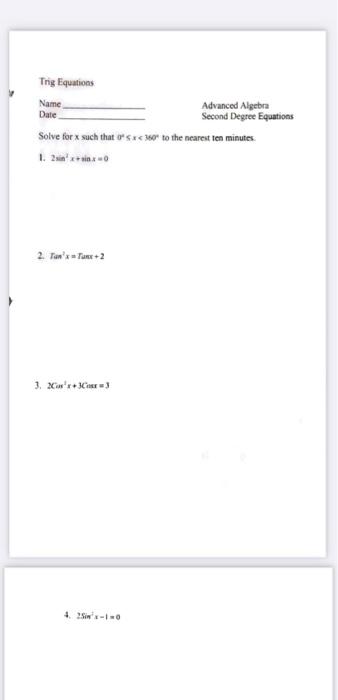 Solved Trig Equations Name Date Advanced Algebra Second | Chegg.com