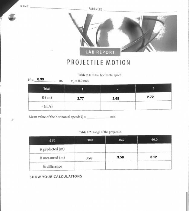 NAME: PARTNERS LAB REPORT PROJECTILE MOTION Table | Chegg.com