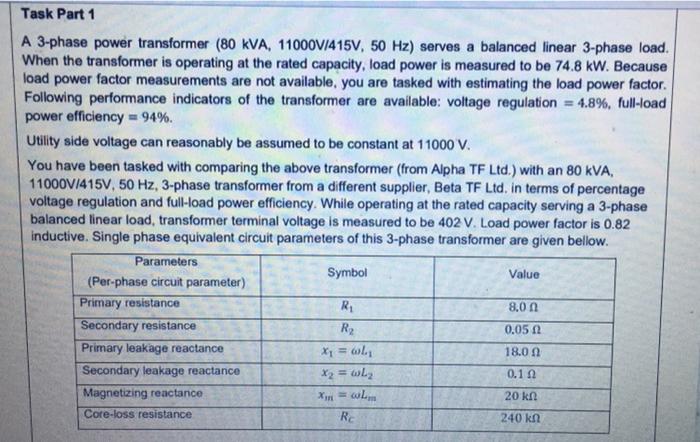 Solved Task Part 1 A 3-phase power transformer (80 kVA, | Chegg.com