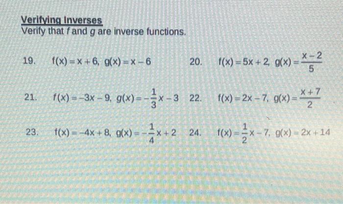Solved Verifying Inverses Verify that fand g are inverse | Chegg.com
