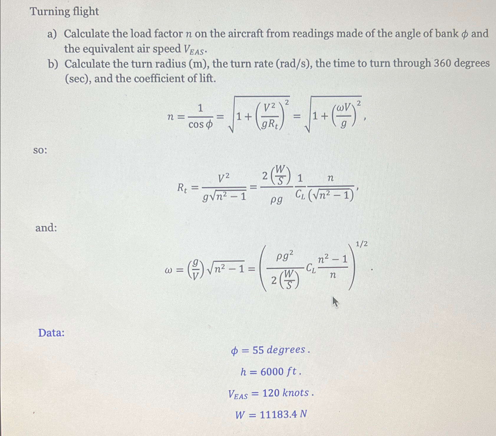 Turning flighta) ﻿Calculate the load factor n ﻿on the | Chegg.com