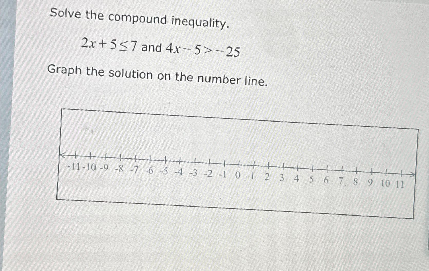 Solved Solve the compound inequality.2x+5≤7 ﻿and | Chegg.com