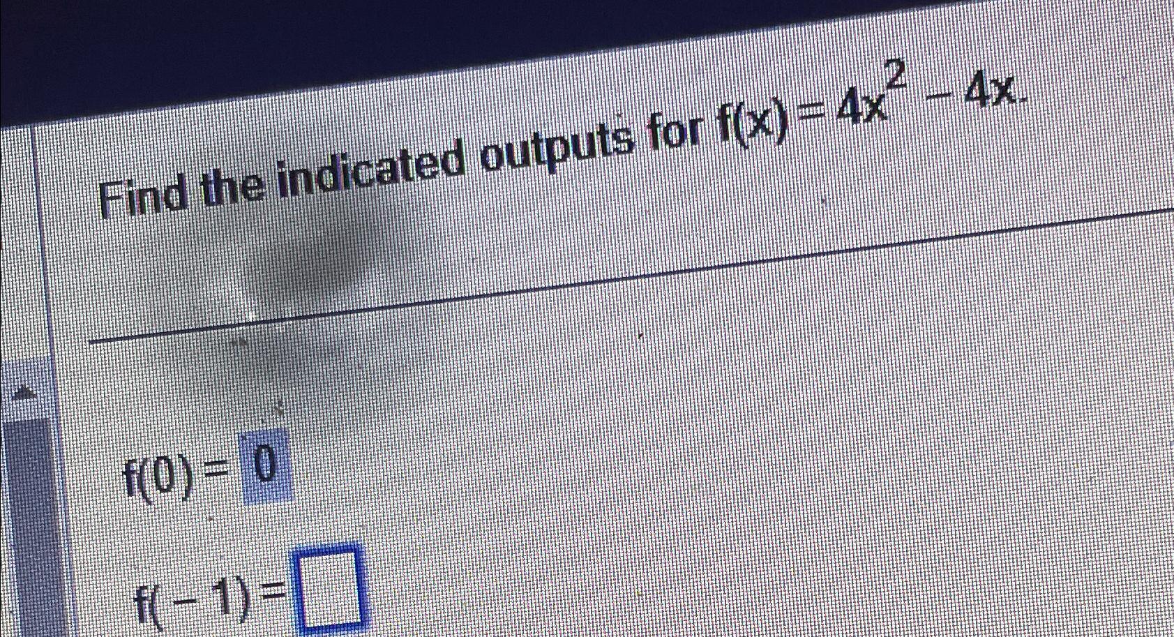 Solved Find the indicated outputs for f(x)=4x2-4x.f(-1)= | Chegg.com
