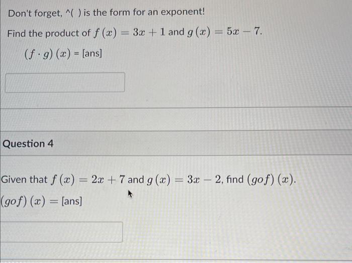 Solved Find the product of f(x)=3x+1 and g(x)=5x−7 | Chegg.com