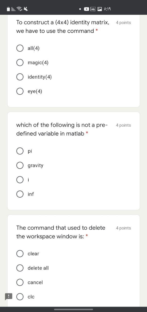 Solved P 0:19 4 points To construct a (4x4) identity matrix, | Chegg.com