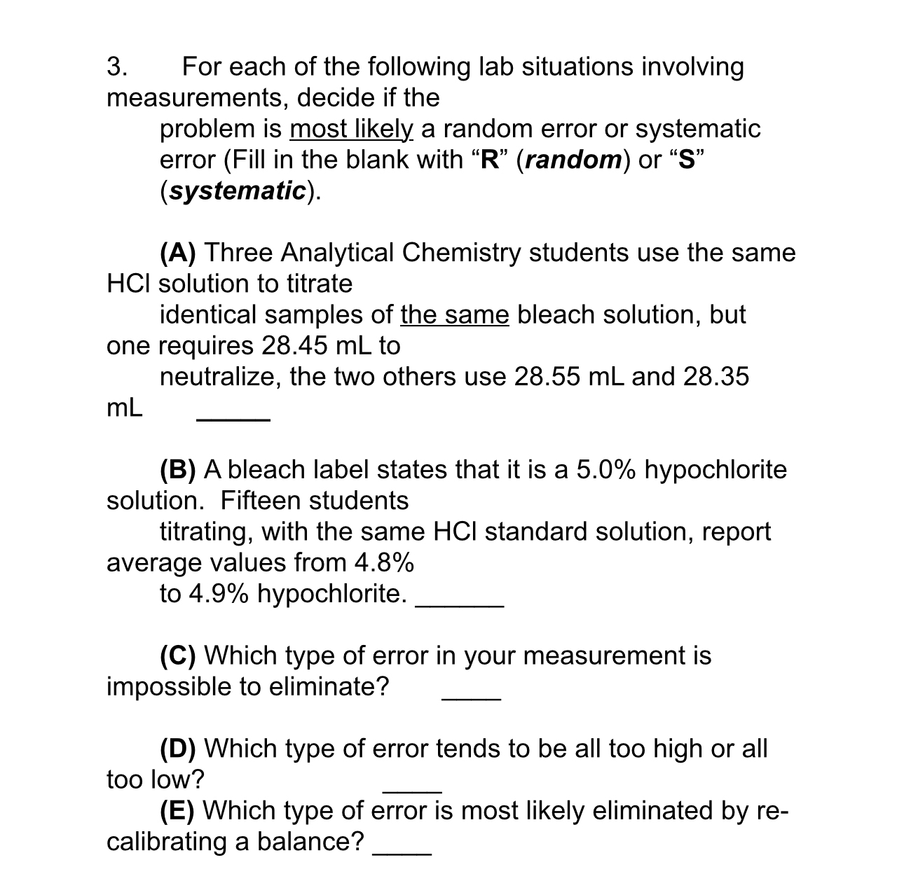 Solved For each of the following lab situations involving | Chegg.com