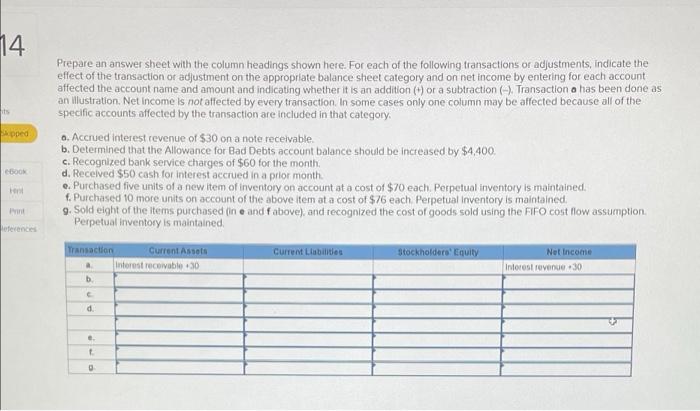Solved 14 Prepare an answer sheet with the column headings | Chegg.com