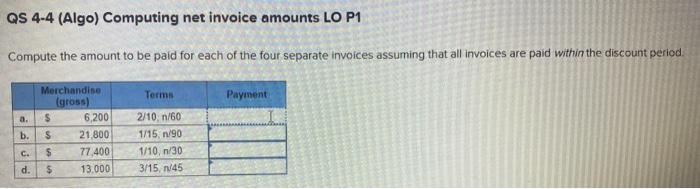 Solved QS 4-4 (Algo) Computing net invoice amounts LO P1 | Chegg.com