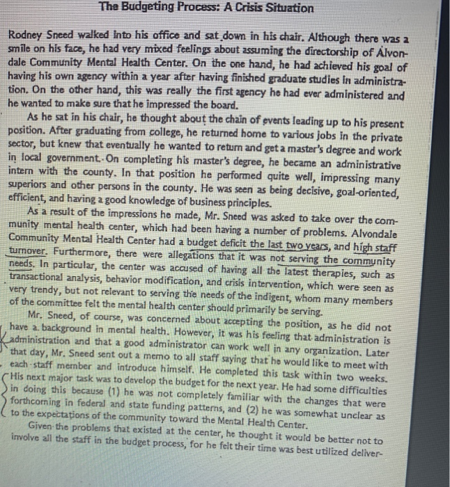Solved The Budgeting Process: A Crisis Situation Rodney | Chegg.com