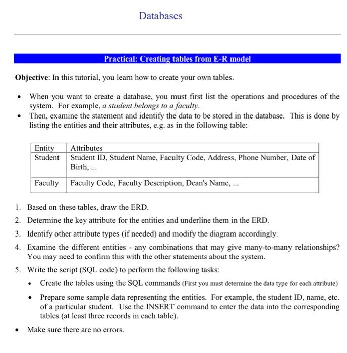 Solved Databases Practical: Creating tables from E-R model | Chegg.com
