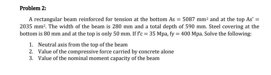 Solved = Problem 2: A rectangular beam reinforced for | Chegg.com