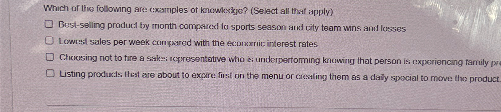 Solved Which of the following are examples of knowledge? | Chegg.com