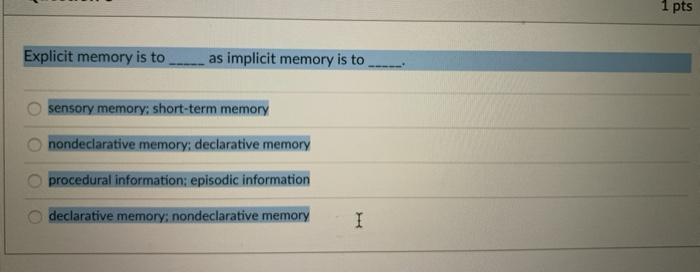Solved 1 pts Explicit memory is to as implicit memory is to | Chegg.com
