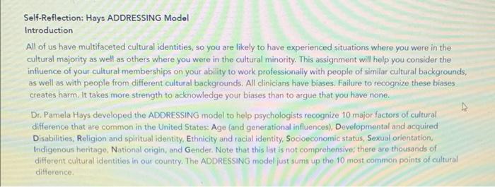 Self-Reflection: Hays ADDRESSING Model Introduction | Chegg.com