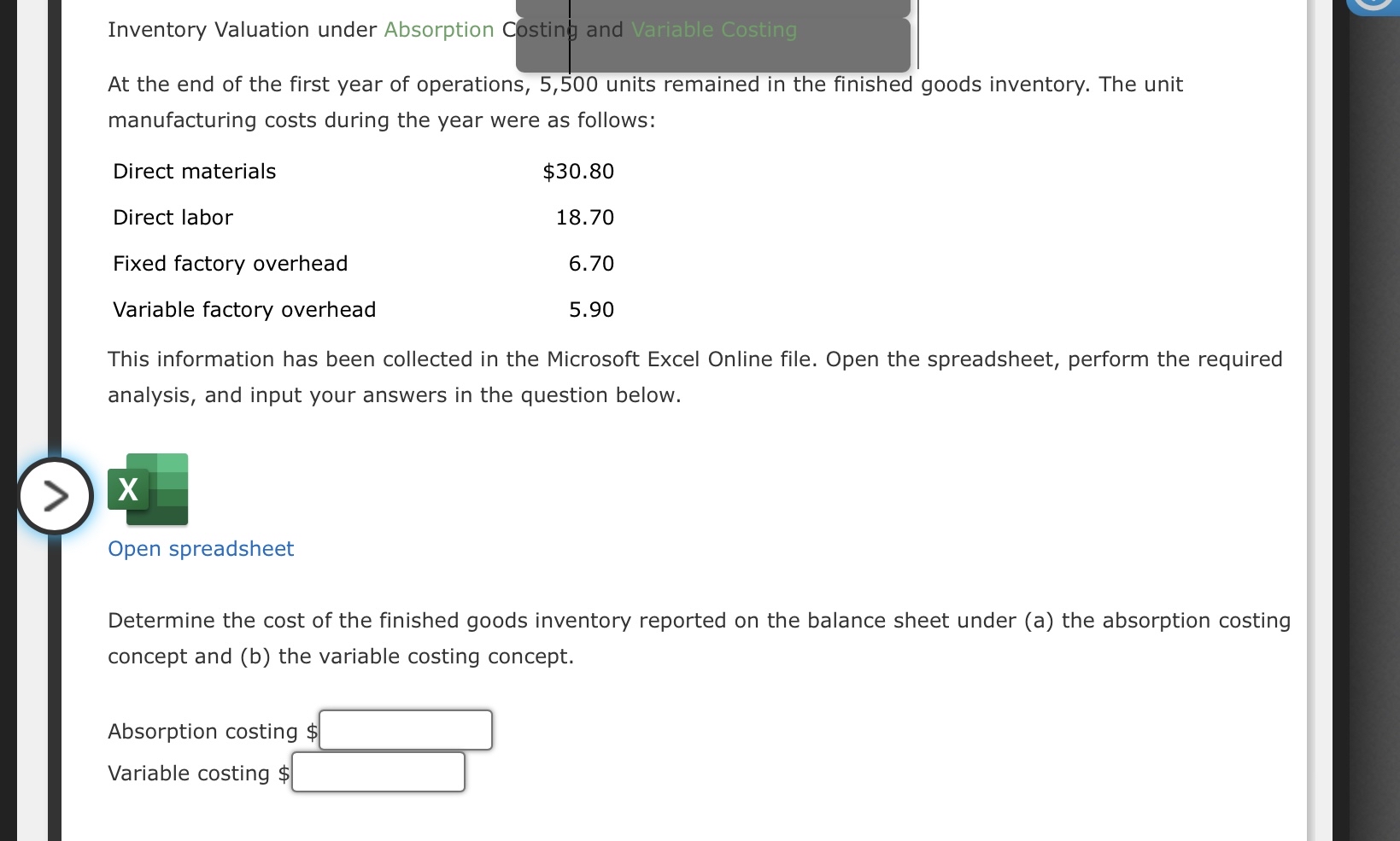 Solved Inventory Valuation under Absorption Costing and | Chegg.com