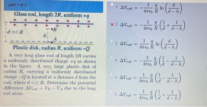 Solved 1. ΔVrod =−4πϵ01Rqln(d−hd) ×2.ΔVrod | Chegg.com