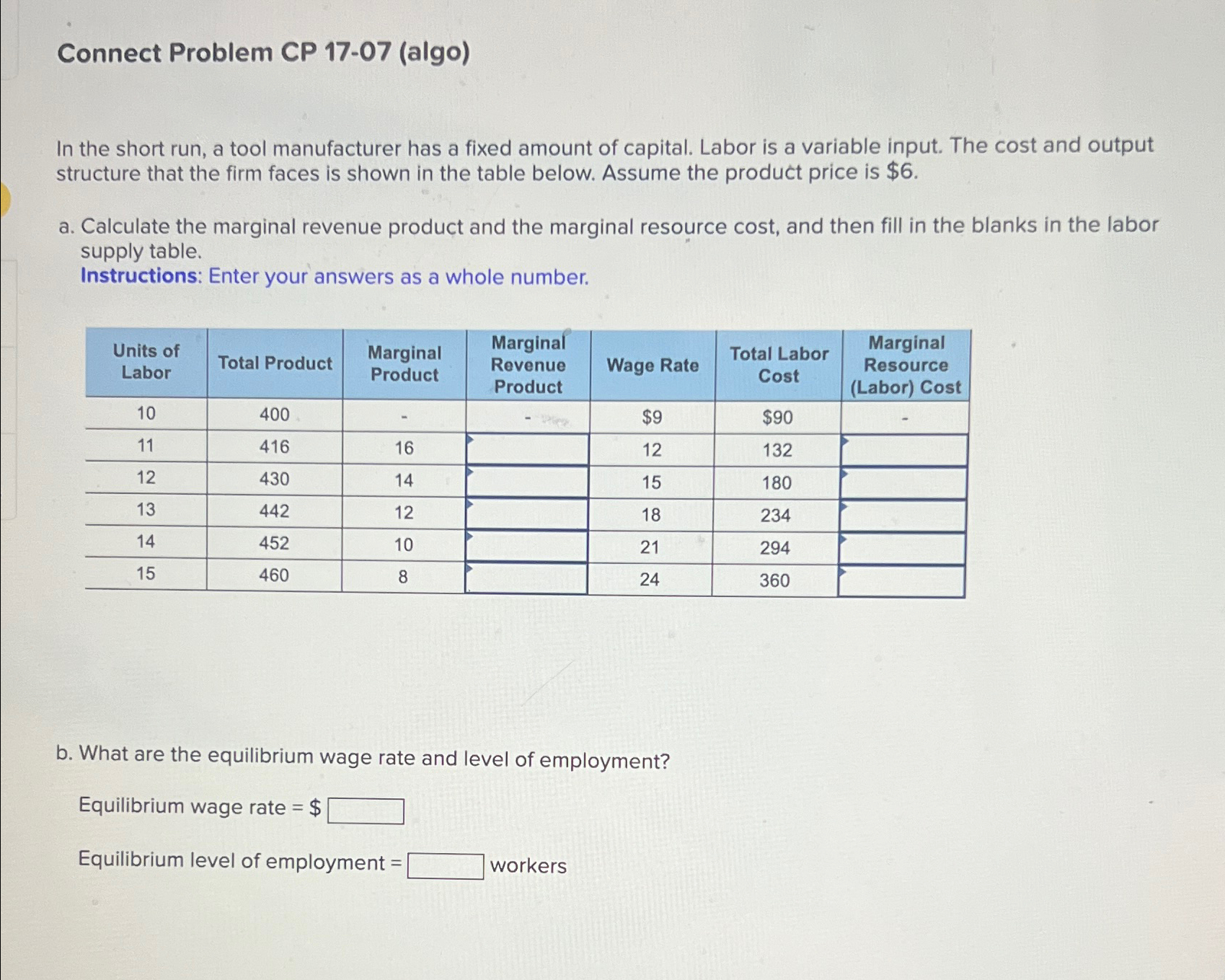 Solved Connect Problem CP 17-07 (algo)In the short run, a | Chegg.com