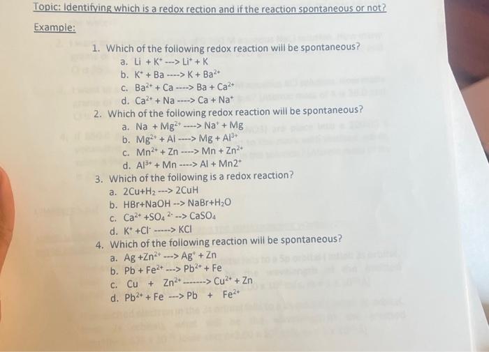 Solved Topic: Identifying which is a redox rection and if | Chegg.com