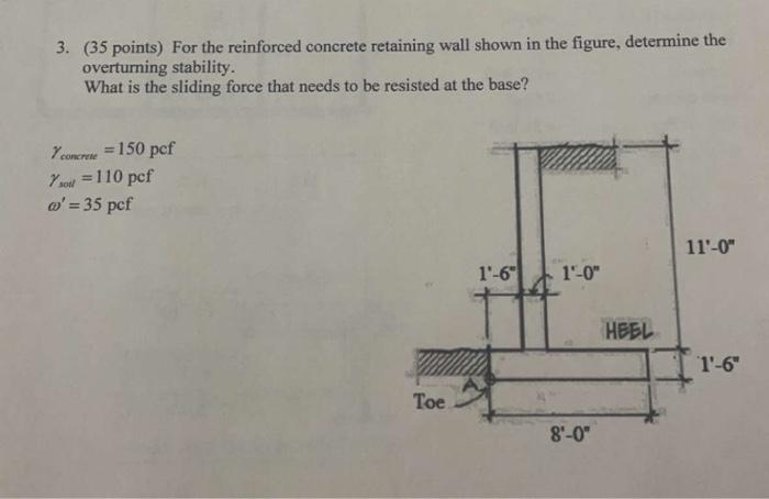 Solved 3. ( 35 points) For the reinforced concrete retaining | Chegg.com