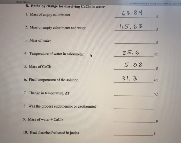 Solved Quick Access B. Enthalpy change for dissolving CaCl2 | Chegg.com