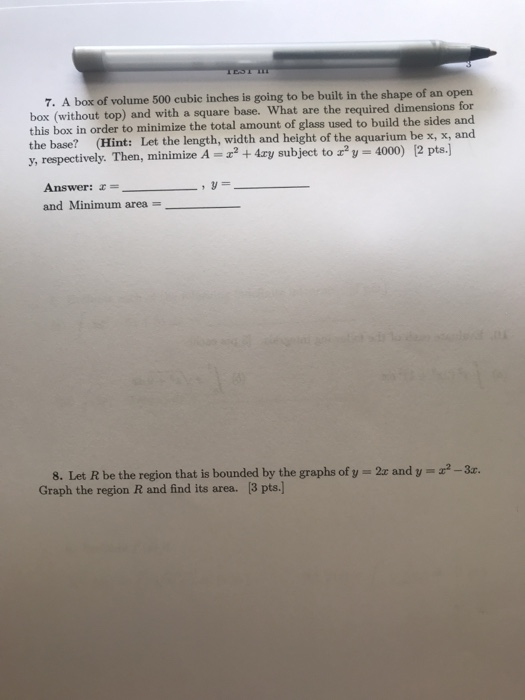 Solved 7. A box of volume 500 cubic inches is going to be | Chegg.com