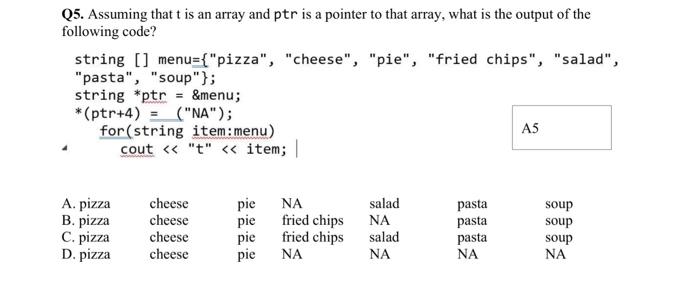 Solved Q5. Assuming that t is an array and ptr is a pointer | Chegg.com