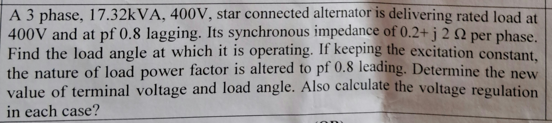 A 3 ﻿phase, 17.32kVA,400V, ﻿star connected alternator | Chegg.com