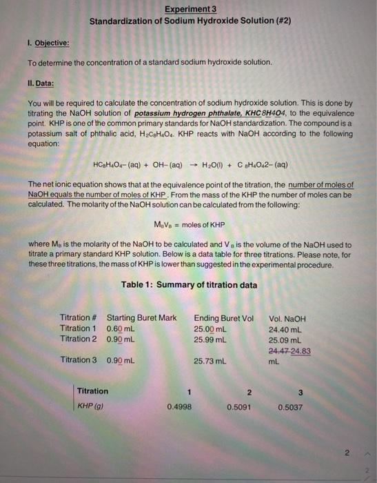 Solved III. Molarity Calculations: Using the titration data | Chegg.com