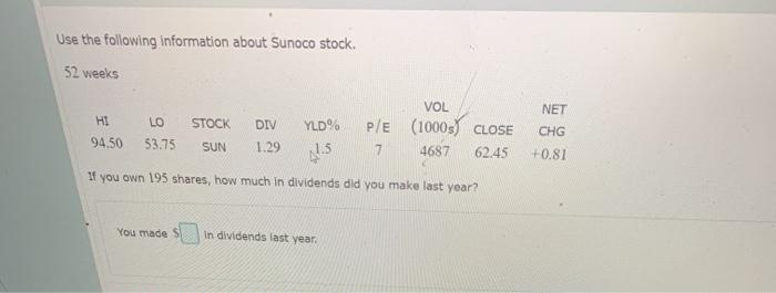 Solved use the following information about sunoco stock 52 | Chegg.com