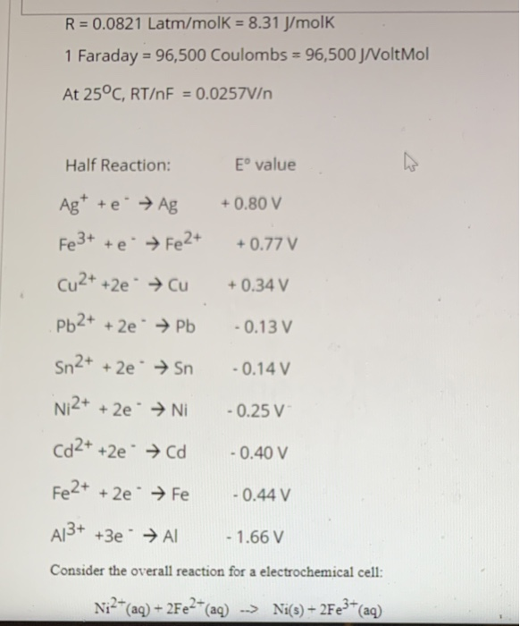 Solved R = 0.0821 Latm/mol = 8.31 J/molk 1 Faraday = 96,500 | Chegg.com