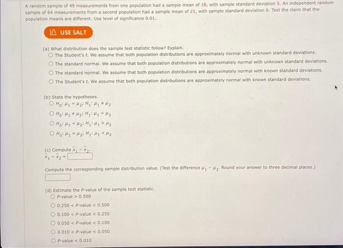 Solved random sample of 49 measurements from one population | Chegg.com Solved random sample of 49 measurements from one population | Chegg.com
