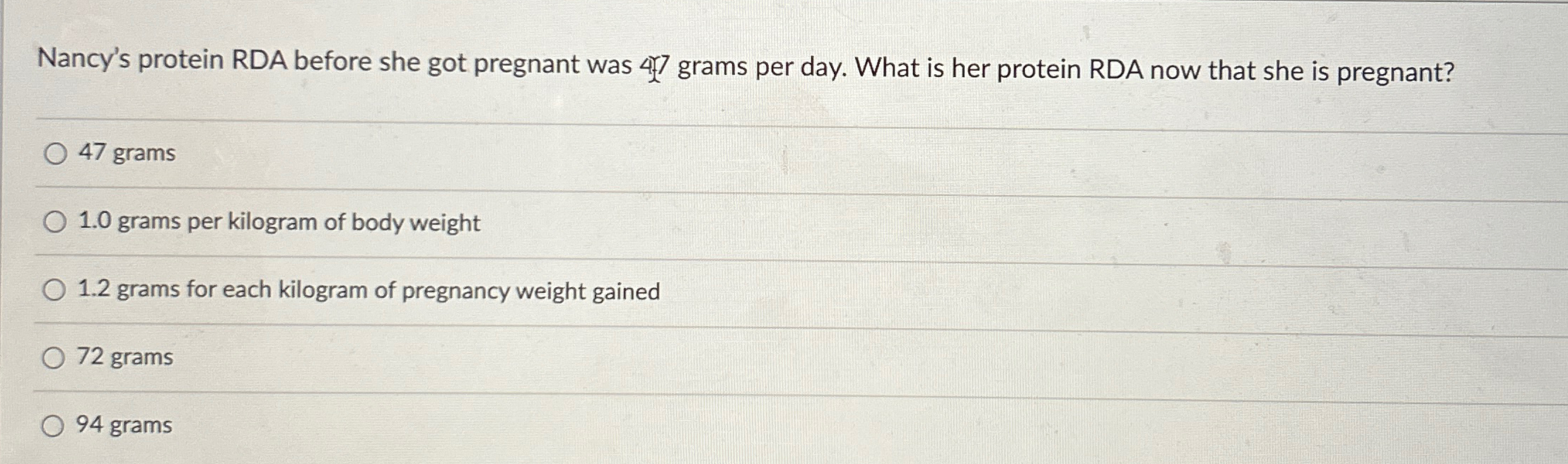 Solved Nancy's protein RDA before she got pregnant was 4I2 | Chegg.com